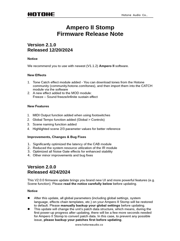 Ampero II Stomp Firmware Release Note - 241220 | PDF | Amplifier | Software Bug