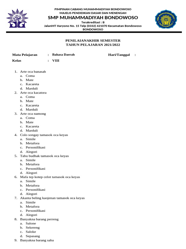 Format Naskah Soal BDR PAS 2021 KLS 8 | PDF