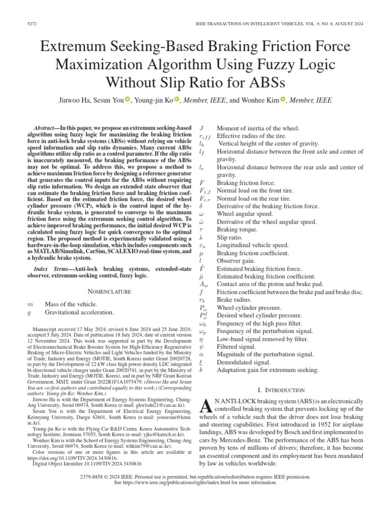 Extremum Seeking-Based Braking Friction Force Maximization Algorithm Using Fuzzy Logic Without ...