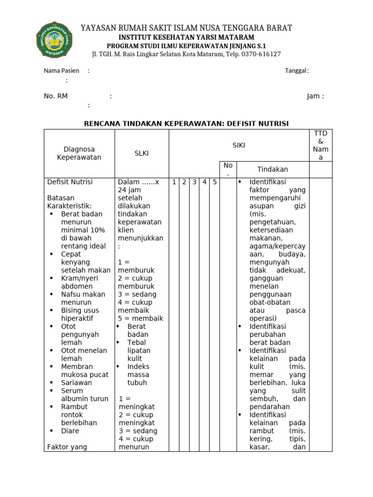 Rencana Tindakan Defisit Nutrisi | PDF