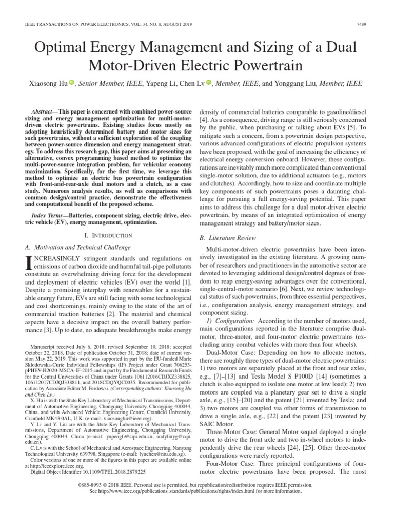 Optimal Energy Management and Sizing of A Dual Motor-Driven Electric Powertrain | PDF | Electric ...
