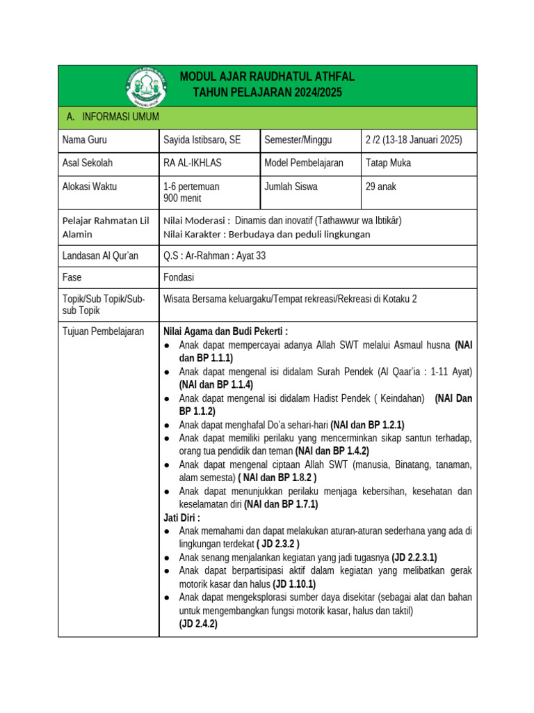 MODUL AJAR RA SEM 2 MINGGU KE 2 B1 | PDF
