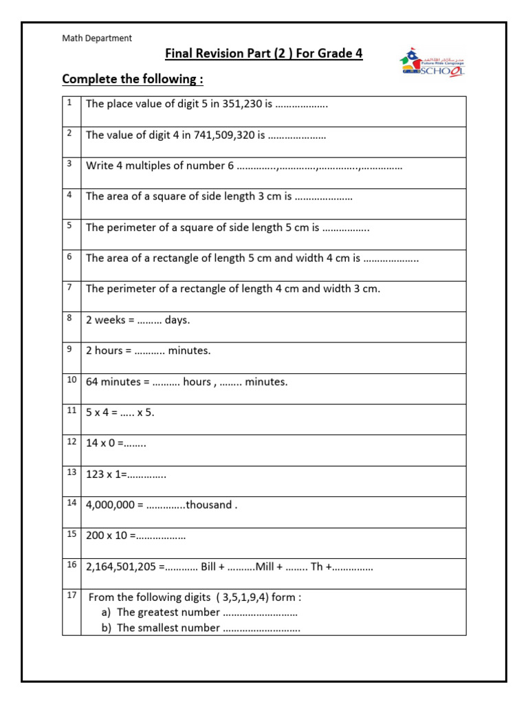 Grade 4 Math Final Revision Exercises | PDF | Area | Length