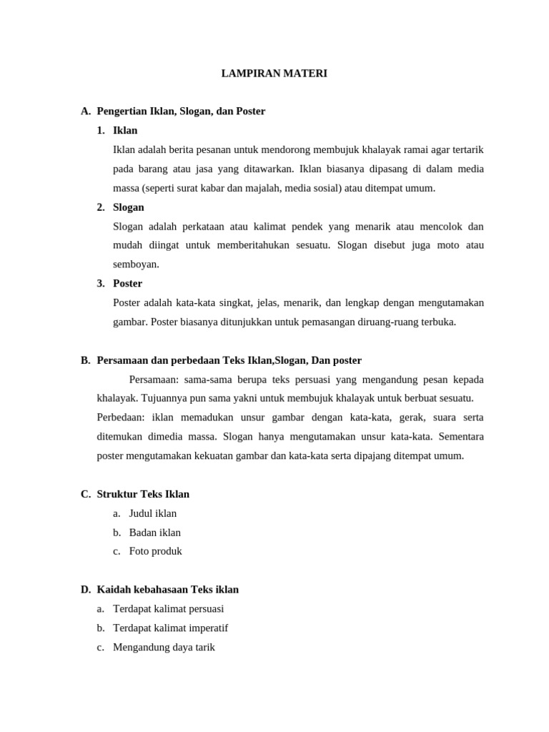 Lampiran Materi Teks Iklan, Slogan Dan Poster | PDF
