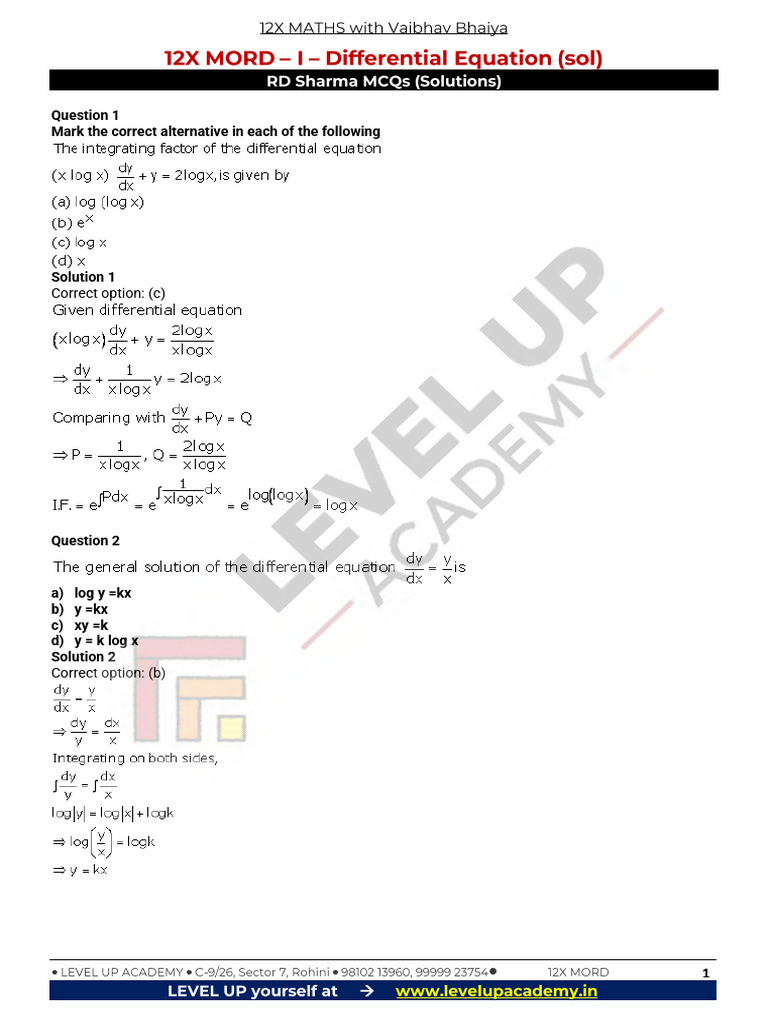 RD Sharma Differential Equations MCQs | PDF | Equations | Polynomial