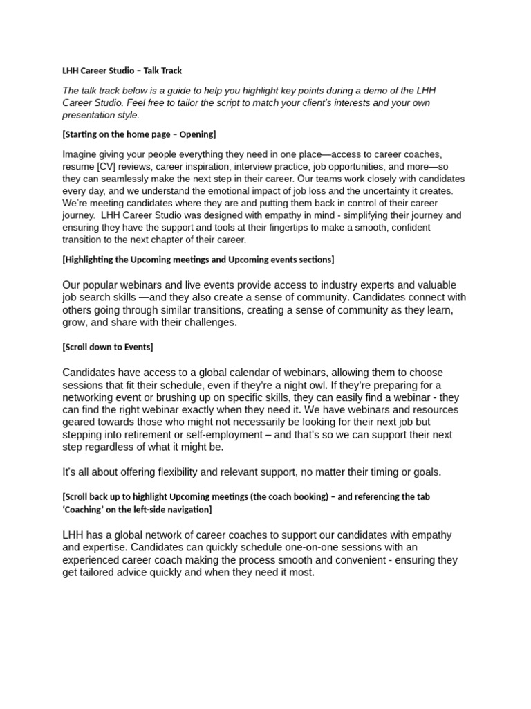 LHH Career Studio Talk Track Guide | PDF | Résumé | Computing