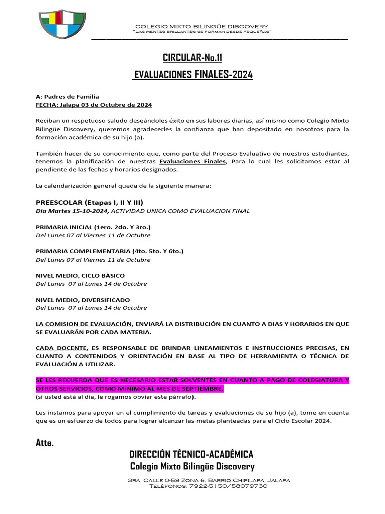 CIRCULAR No. 11 EVALUACIONES FINALES 2024 | PDF