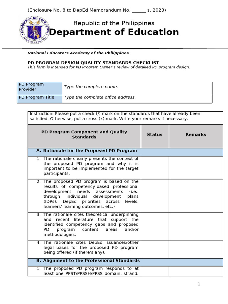 Enclosure No. 8 PD Progrm Design QS Checklist | PDF | Educational ...