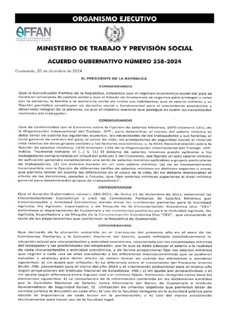 Acuerdo Gubernativo 258-2024, Ministerio de Trabajo y Previsión Social | PDF
