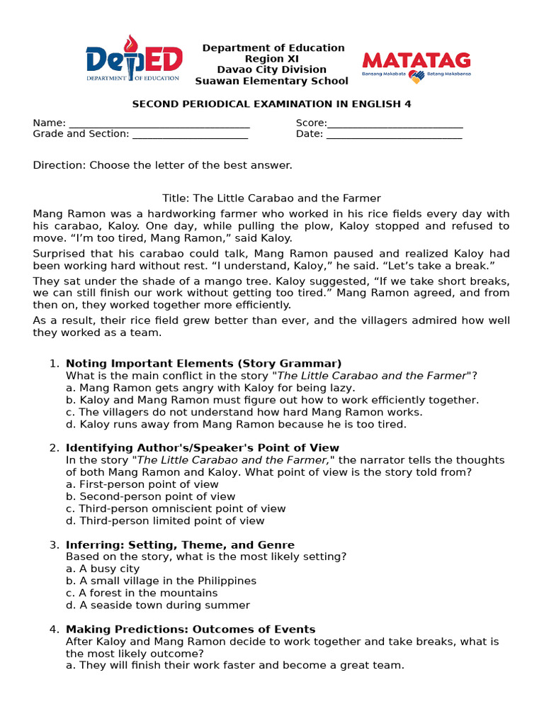 PT g4 Matatag English 4 q2 | PDF | Gesture | Trees