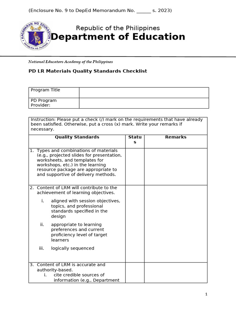 Enclosure No. 9 PD LR Materials QS Checklist | PDF | Typefaces | Arial