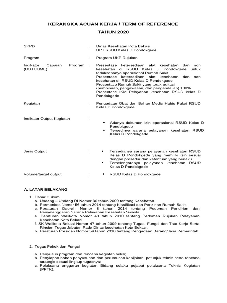 KAK RSUD KELAS D 2020 (Obat Dan Bahan Medis Habis Pakai) | PDF