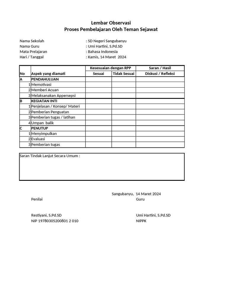 Lembar Observasi Guru | PDF