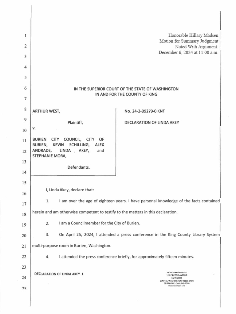 Declaration of Linda Akey in Burien Council Case | PDF | Justice ...