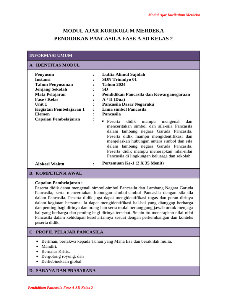 Modul Ajar Bab 1 PPKN Kelas 2 | PDF