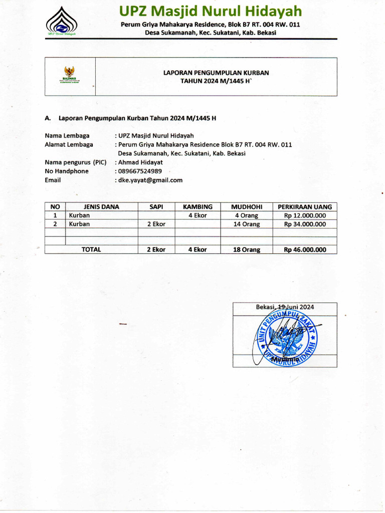 Contoh LAPORAN KURBAN UPZ MASJID | PDF