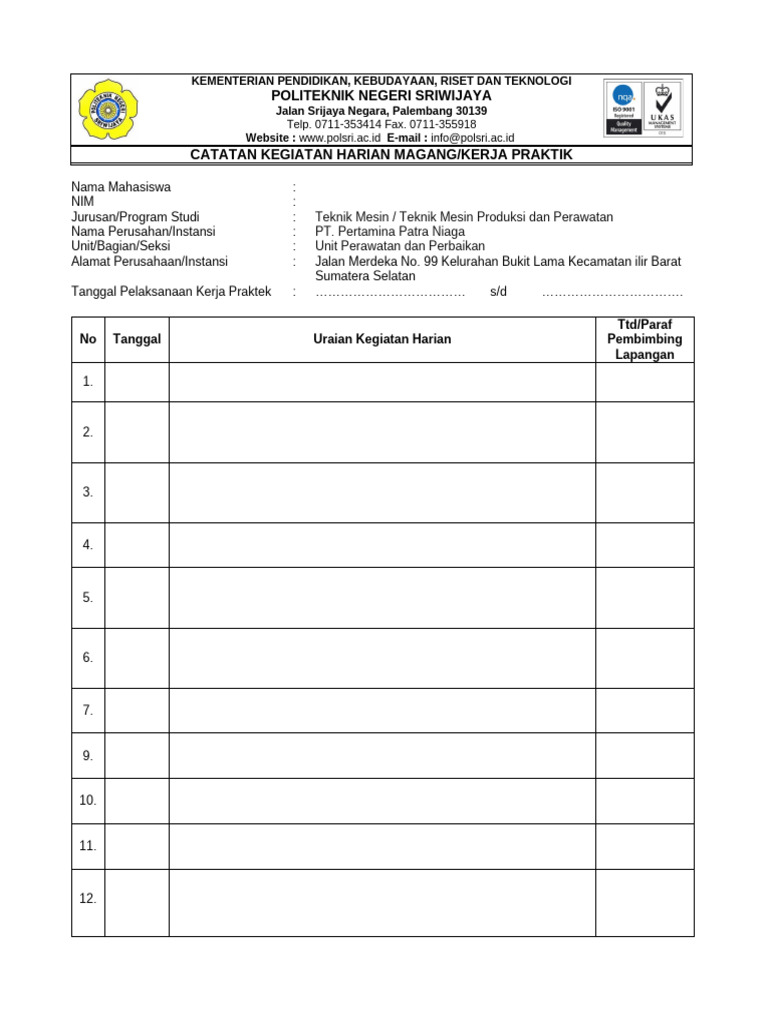 Format LogBook KP (Perusahaan) | PDF
