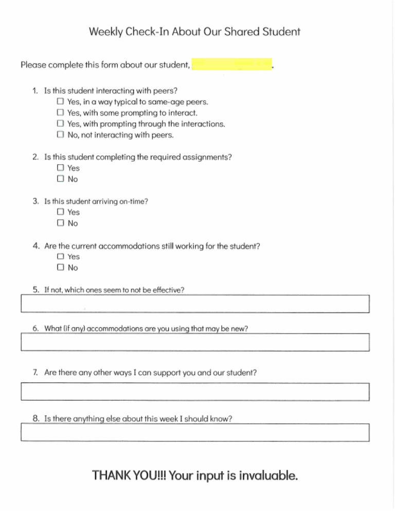 Monthly Student Check in Sheet | PDF