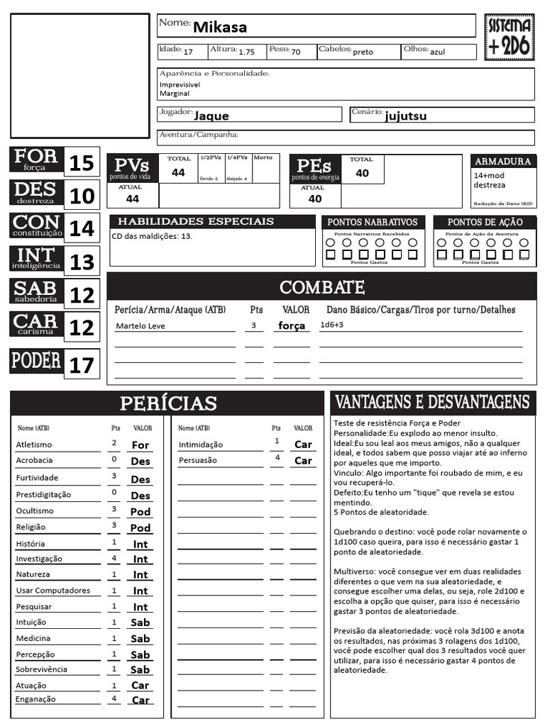 Ficha RPG Jujutsu Kaisen D&D Adaptado | PDF