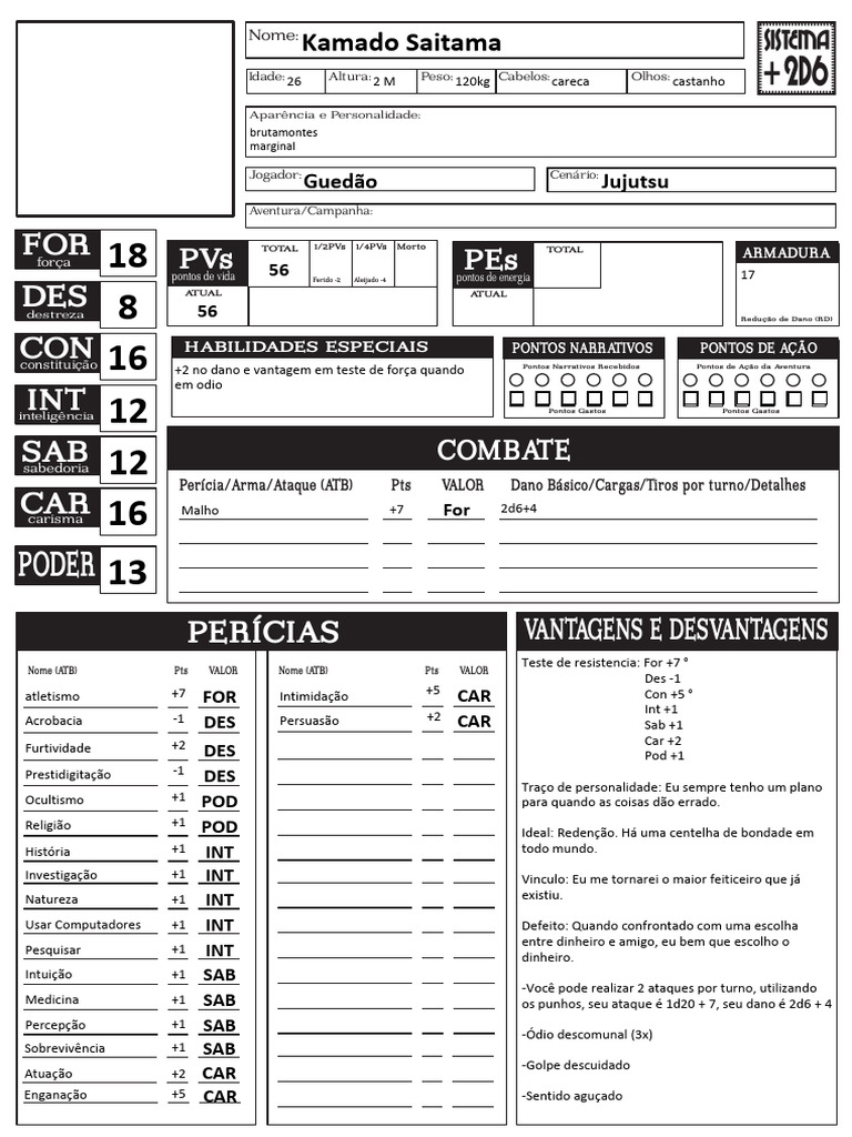 Ficha RPG: Jujutsu Kaisen - Kamado Saitama | PDF