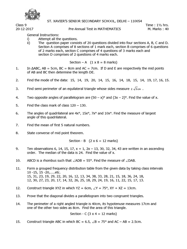 ICSE Class 9 Annual Exam Model Question Paper 1 - MATHS | PDF ...