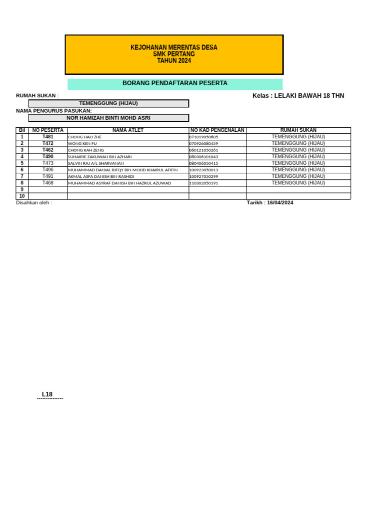 Borang Pendaftaran Merentas Desa SMK Pertang - Temenggung | PDF