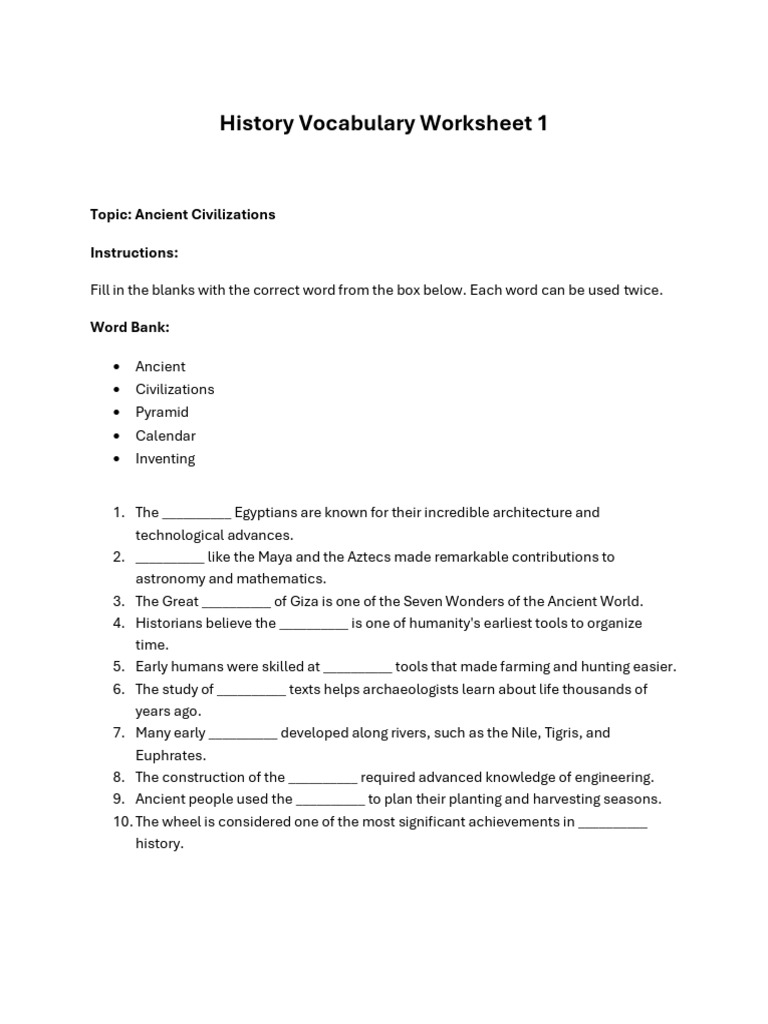 Ancient Civilizations Vocabulary Worksheet | PDF | Ancient Egypt ...