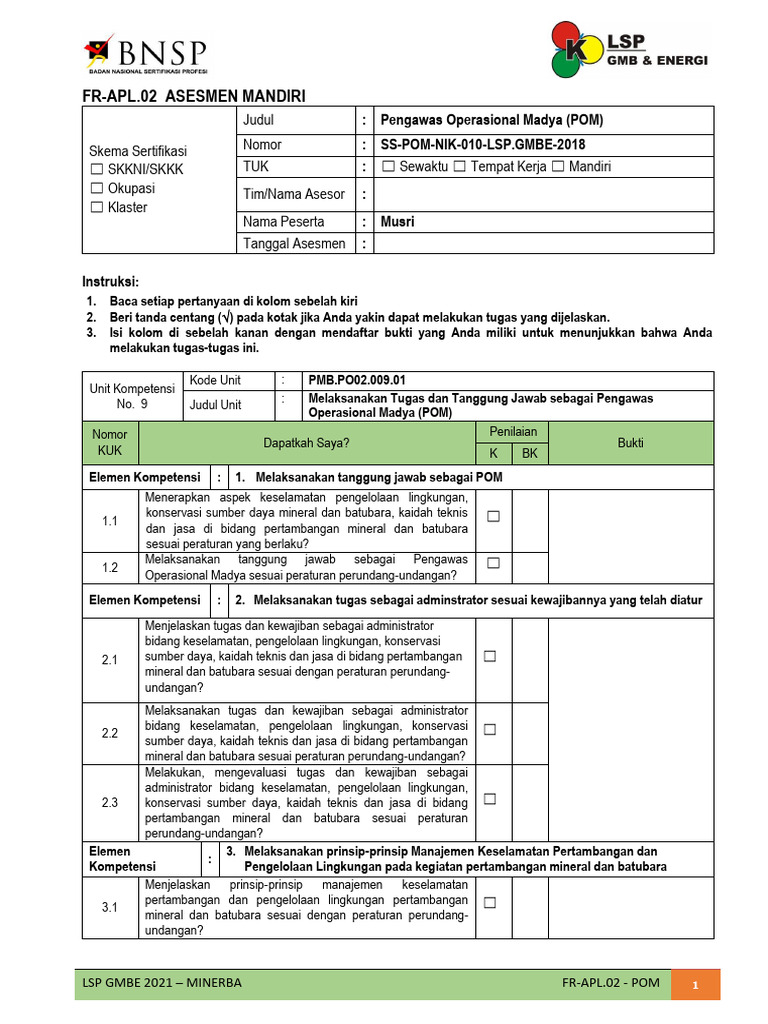 FR-APL.02 Penilaian Mandiri POM 2021 Rev | PDF
