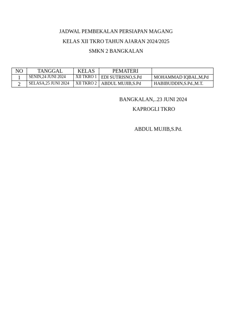 Jadwal Pembekalan Magang TKRO | PDF
