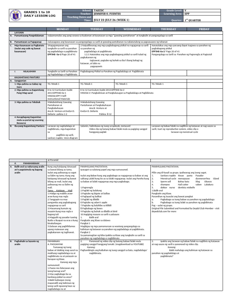 DLL - Epp 5 - Q1 - W1 | PDF