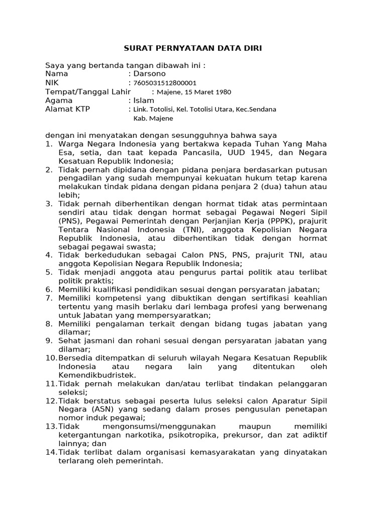 SURAT PERNYATAAN DATA DIRI_Dar | PDF