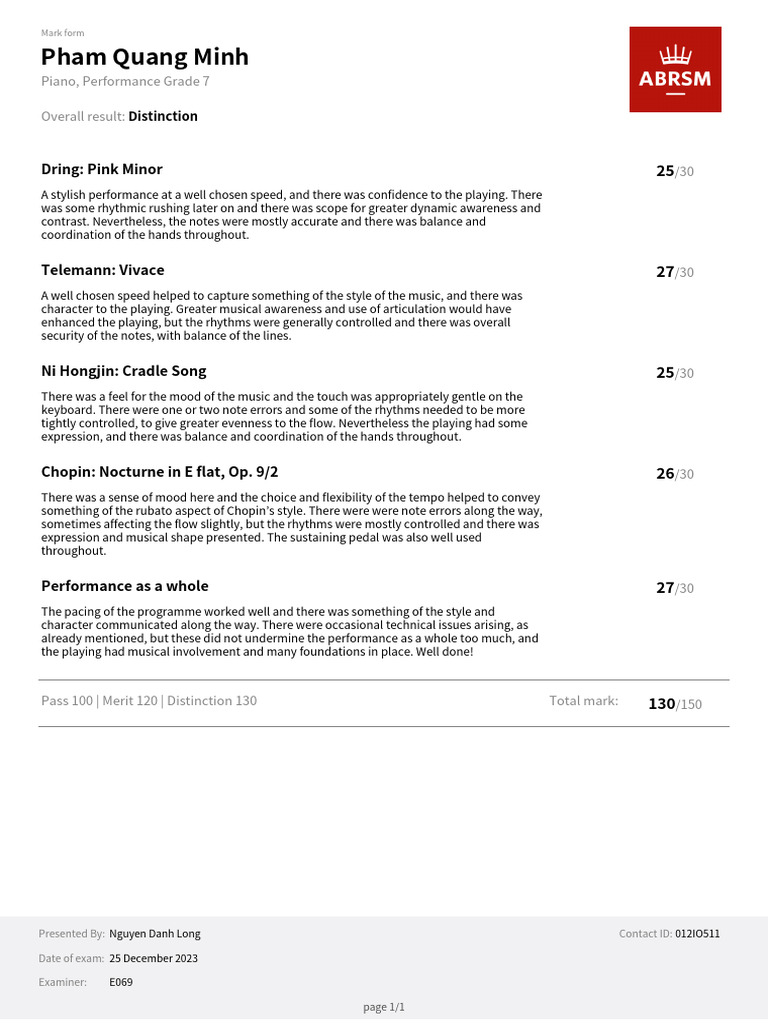 MarkForm - PhamQuang MinhPianoPerformance Grade 7 | PDF | Music Theory | Musical Compositions