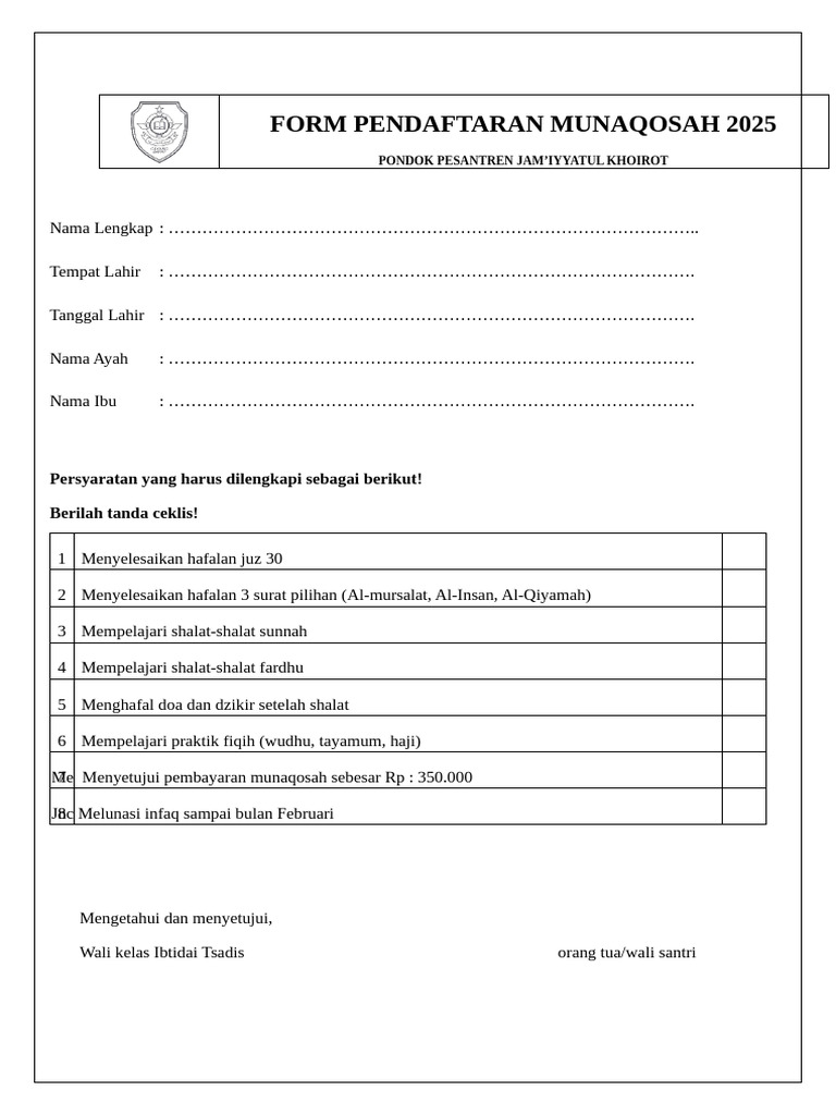 Form Pendaftaran Munaqosah 2025 | PDF