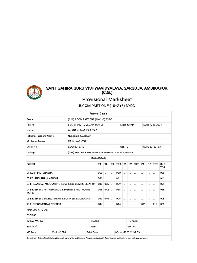 Onlineresult - in - Sant Gahira Guru Vishwavidyalaya, Sarguja, Ambikapur, (C.G.) | PDF