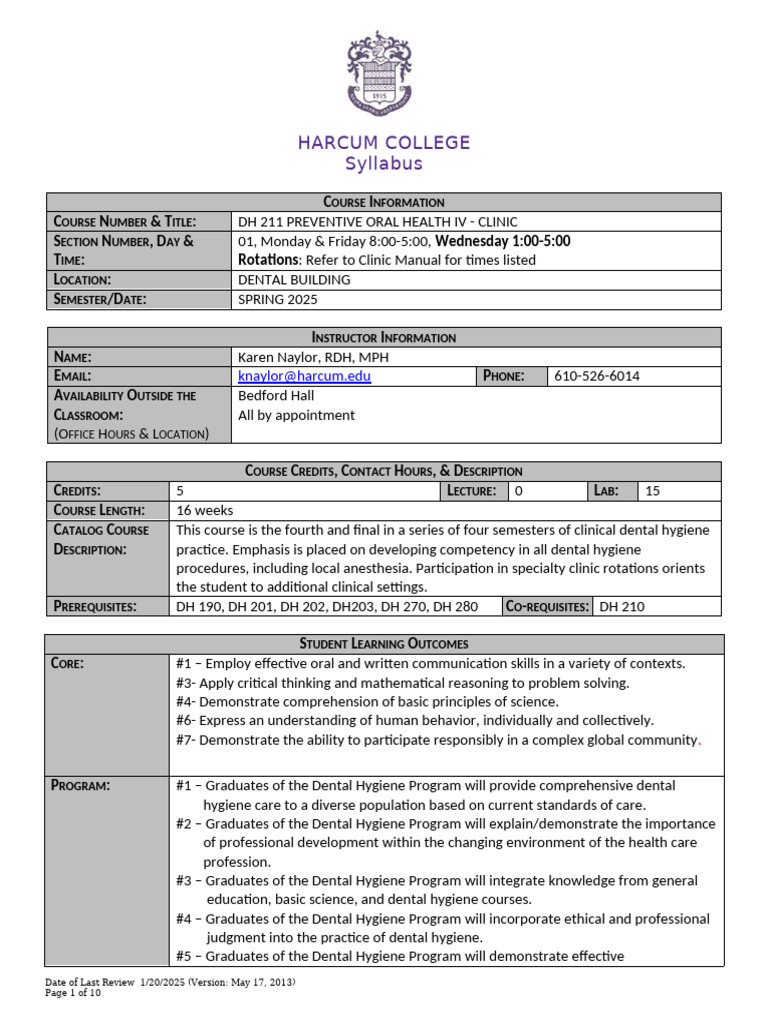 SPRING DH 211 POHS IV Clinic Syllabus 16may24 | PDF | Periodontology ...