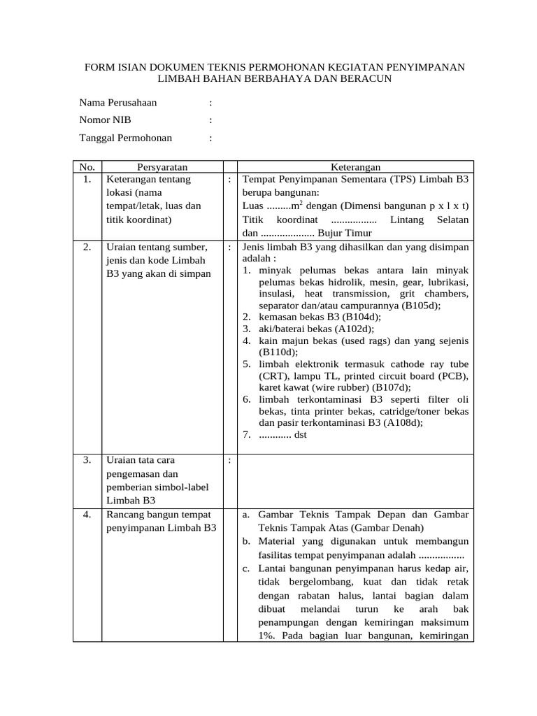 Form Isian Dokumen Teknis PLB3 | PDF