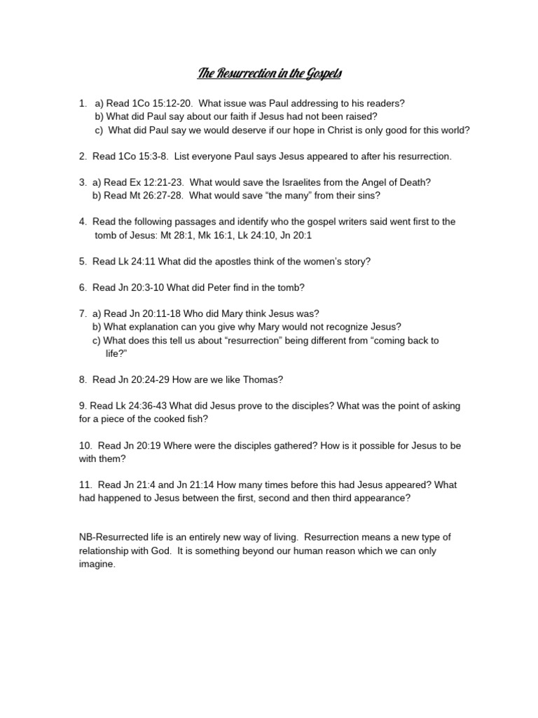 The Resurrection in The Gospels Worksheet | PDF