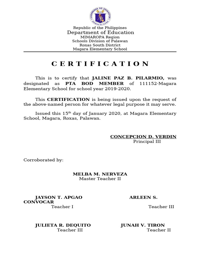 Certification For Pta Bod | PDF