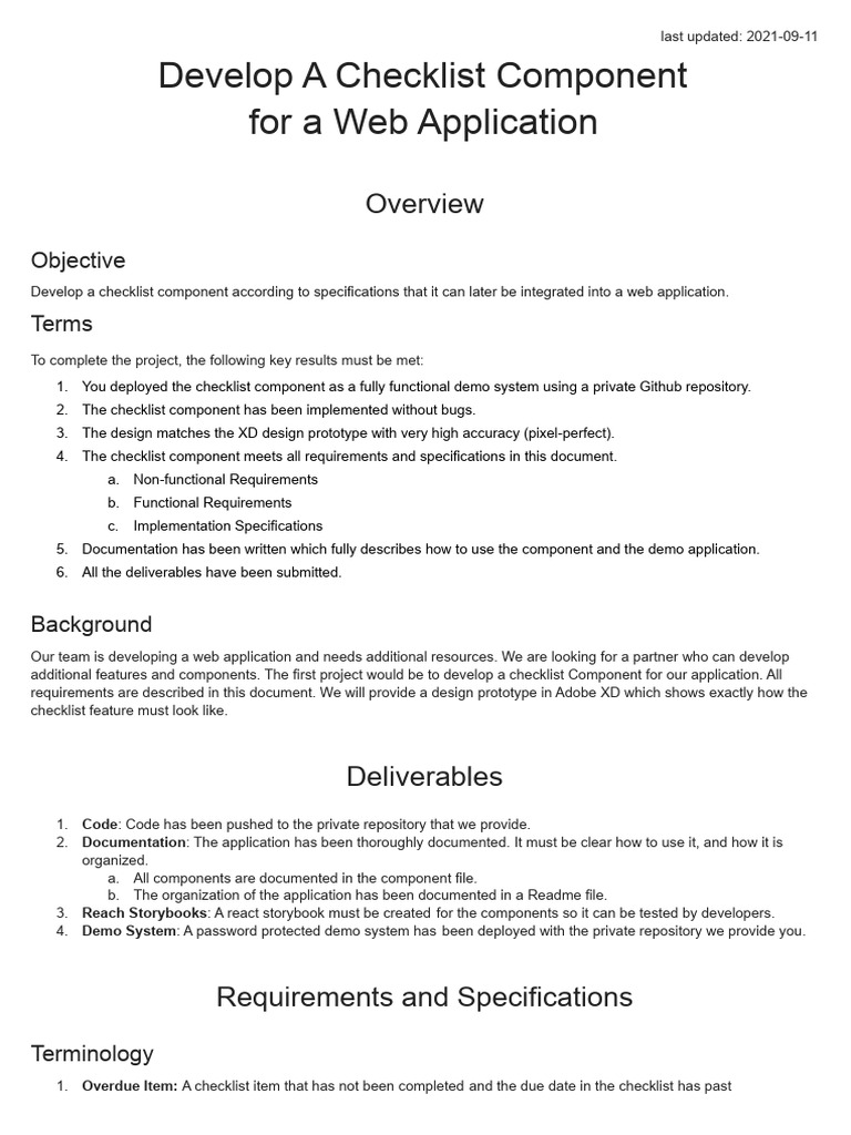 20210911 Project Description - Develop A Checklist Component for a Web ...