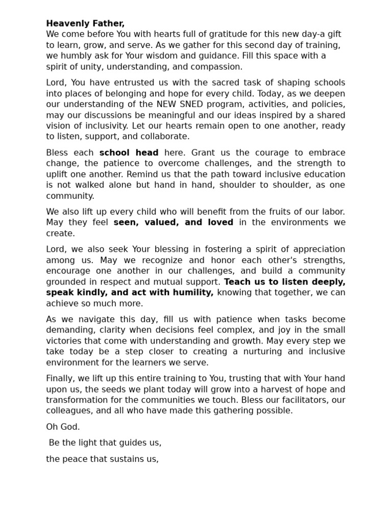 Prayer for Inclusive Training Session | PDF