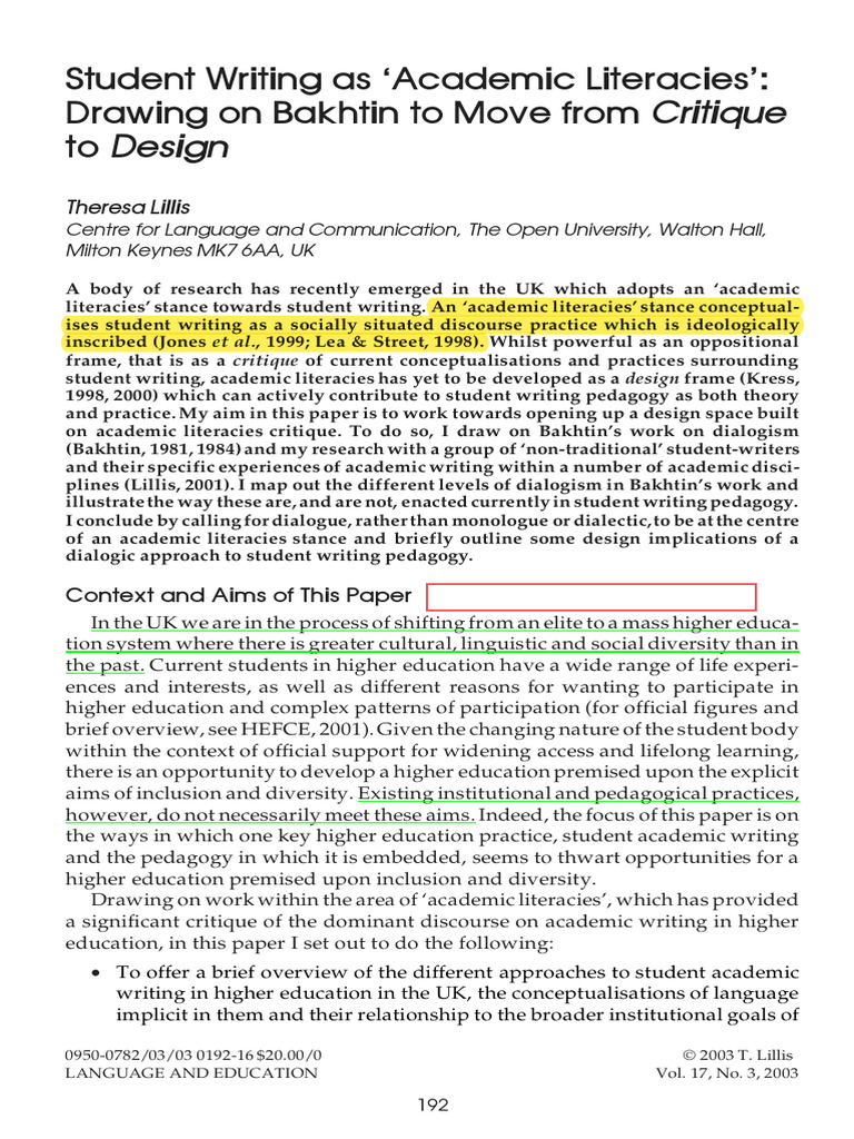 Lillis - Student's Writing As Academic Literacies | PDF | Dialectic | Pedagogy