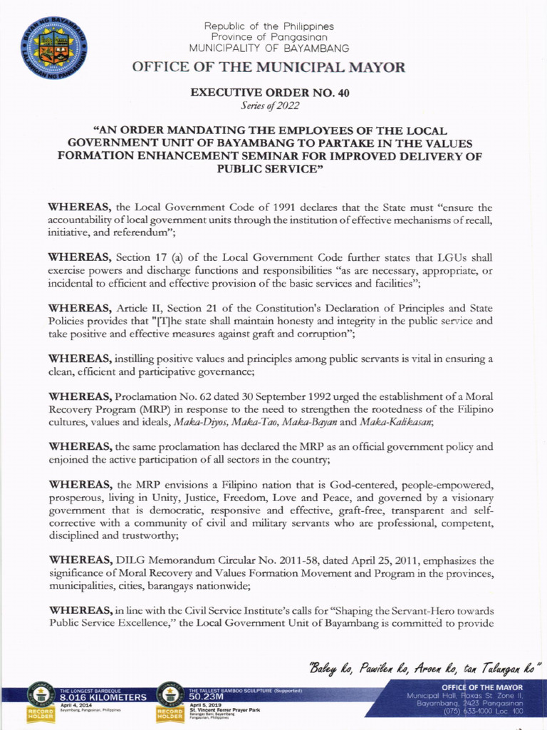 Executive Order No. 40 Series of 2022 An Order Mandating The Employees ...