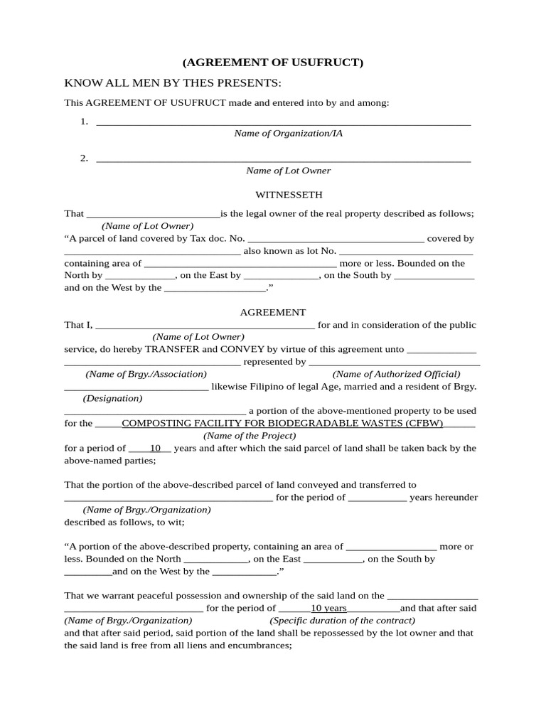 AGREEMENT OF USUFRUCT | PDF | Land Lot | Property Law