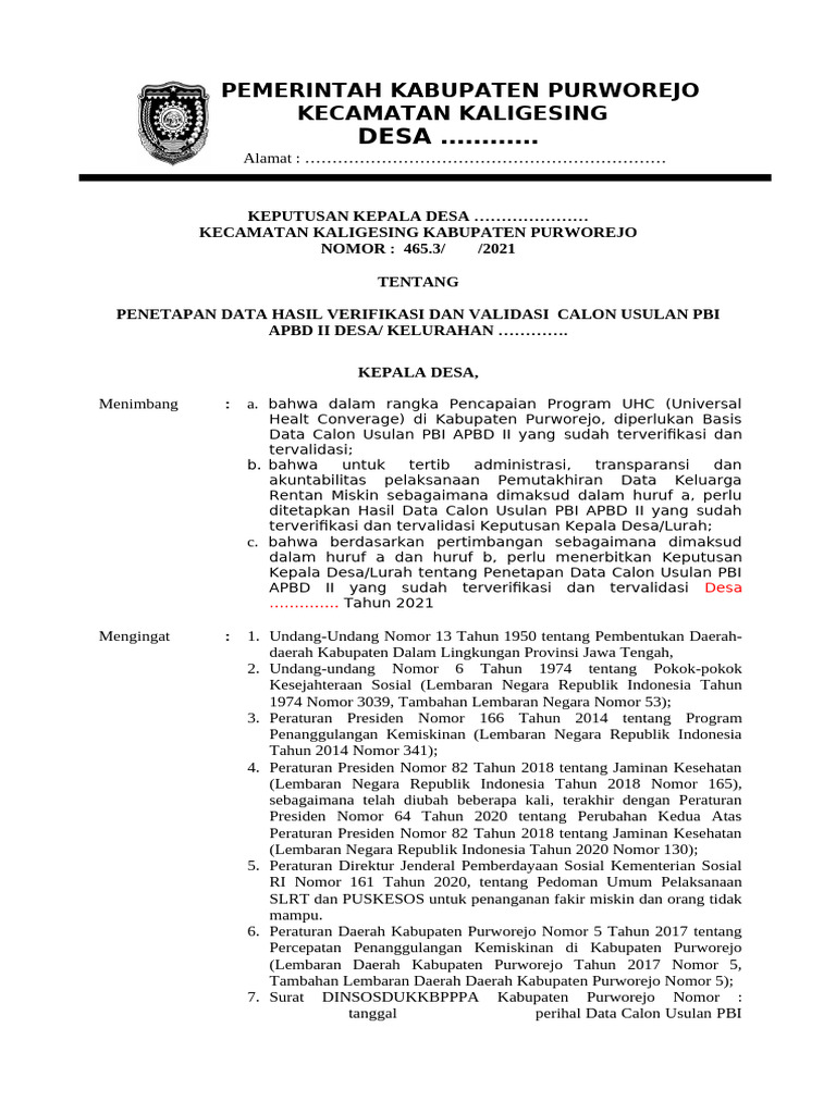 SK Verifikasi Dan Validasi Data Usulan PBI | PDF