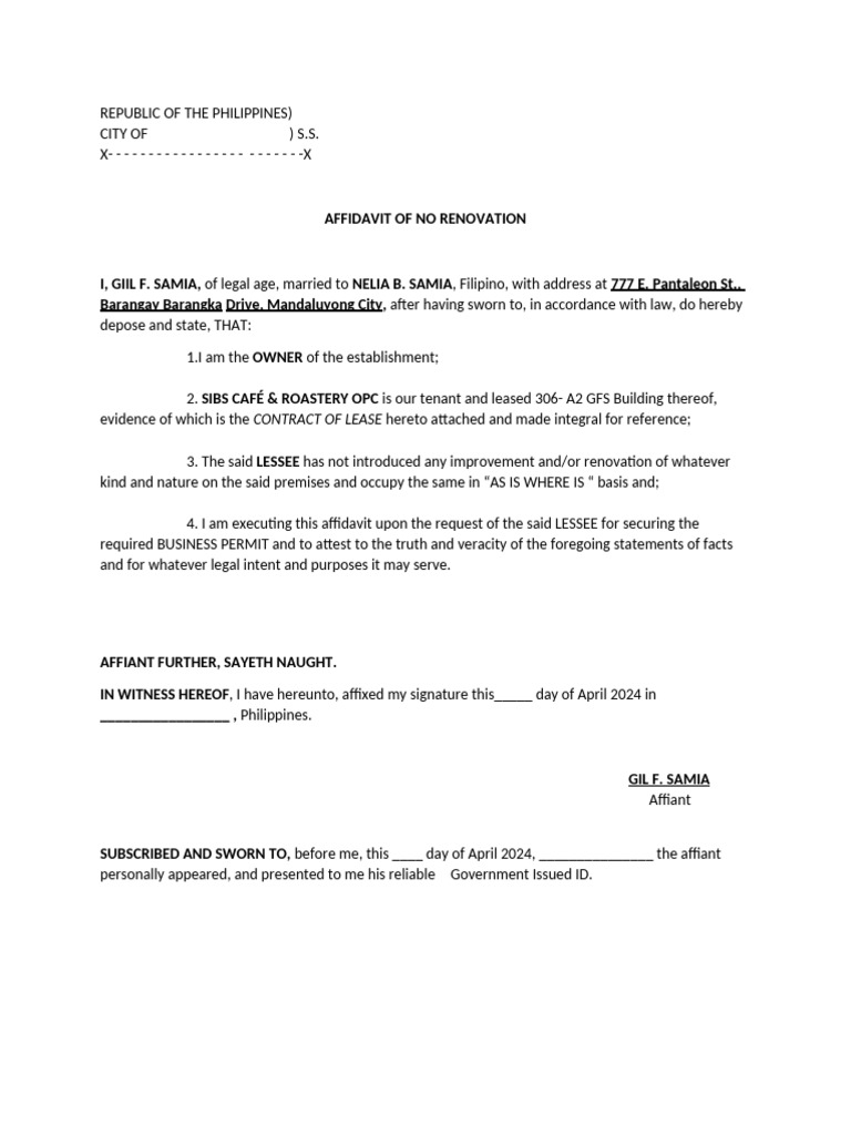 Affidavit of No Renovation for Business | PDF