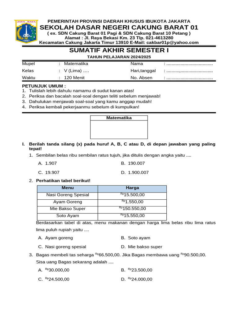 SOAL SAS I_MATEMATIKA_KELAS 5_TAPEL 2024-2025 | PDF