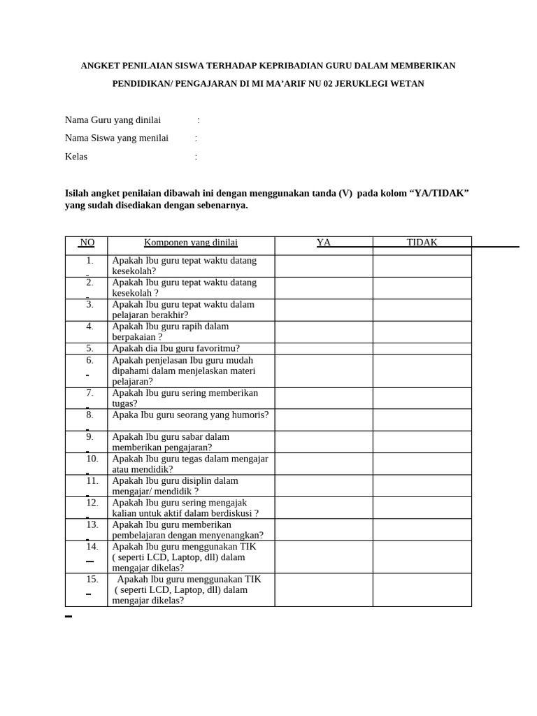 angket penilaian siswa terhadap guru | PDF angket penilaian siswa terhadap guru | PDF