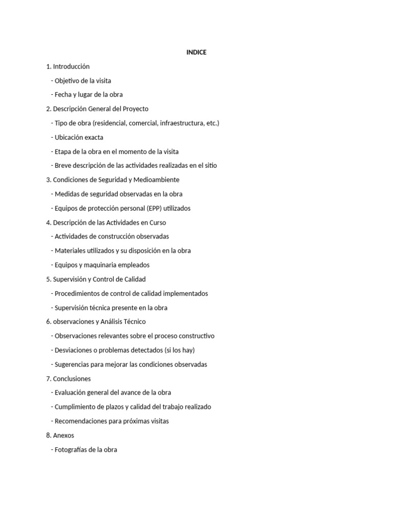 INDICE DE LA VISITA A OBRA | PDF