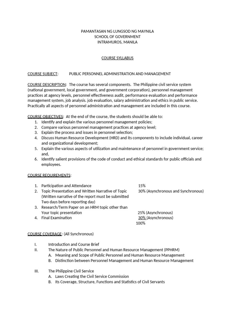 Public Personnel Administration Syll.2024 | PDF | Human Resource Management | Organizational ...