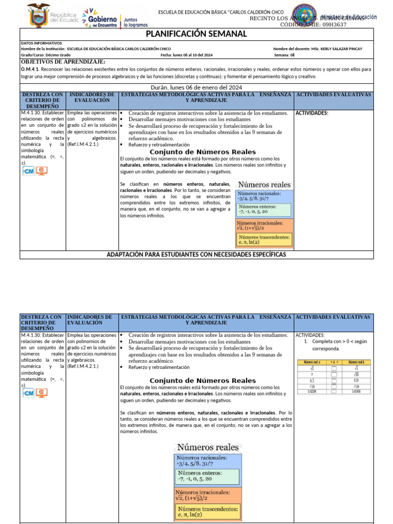 Planificación Semanal Matemáticas 10° Grado | PDF | Educación primaria ...